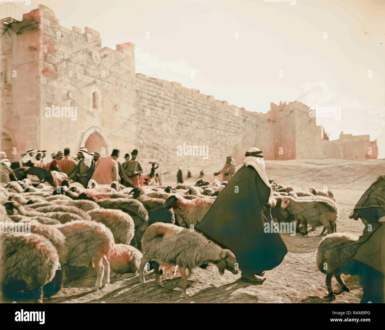 Sheep market outside Herod's Gate. 1898, Jerusalem, Israel. Reimagined ...