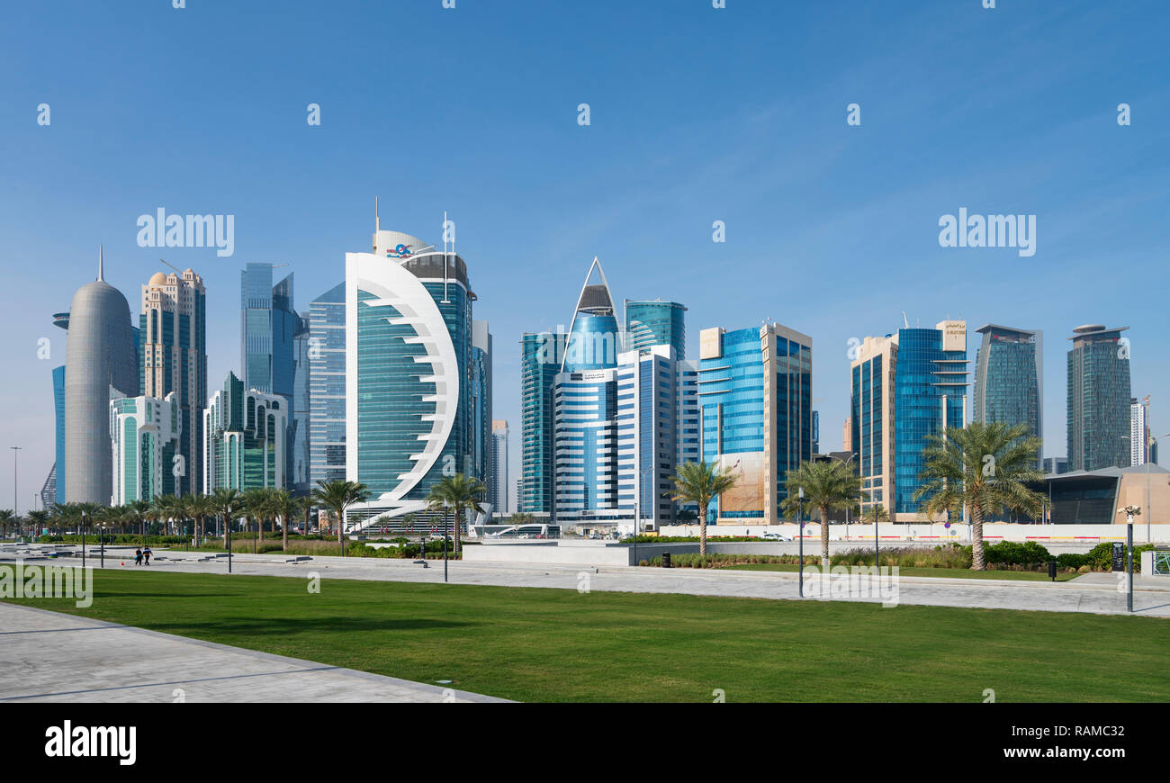 Daytime Skyline view of West Bay business district in Doha, Qatar Stock ...