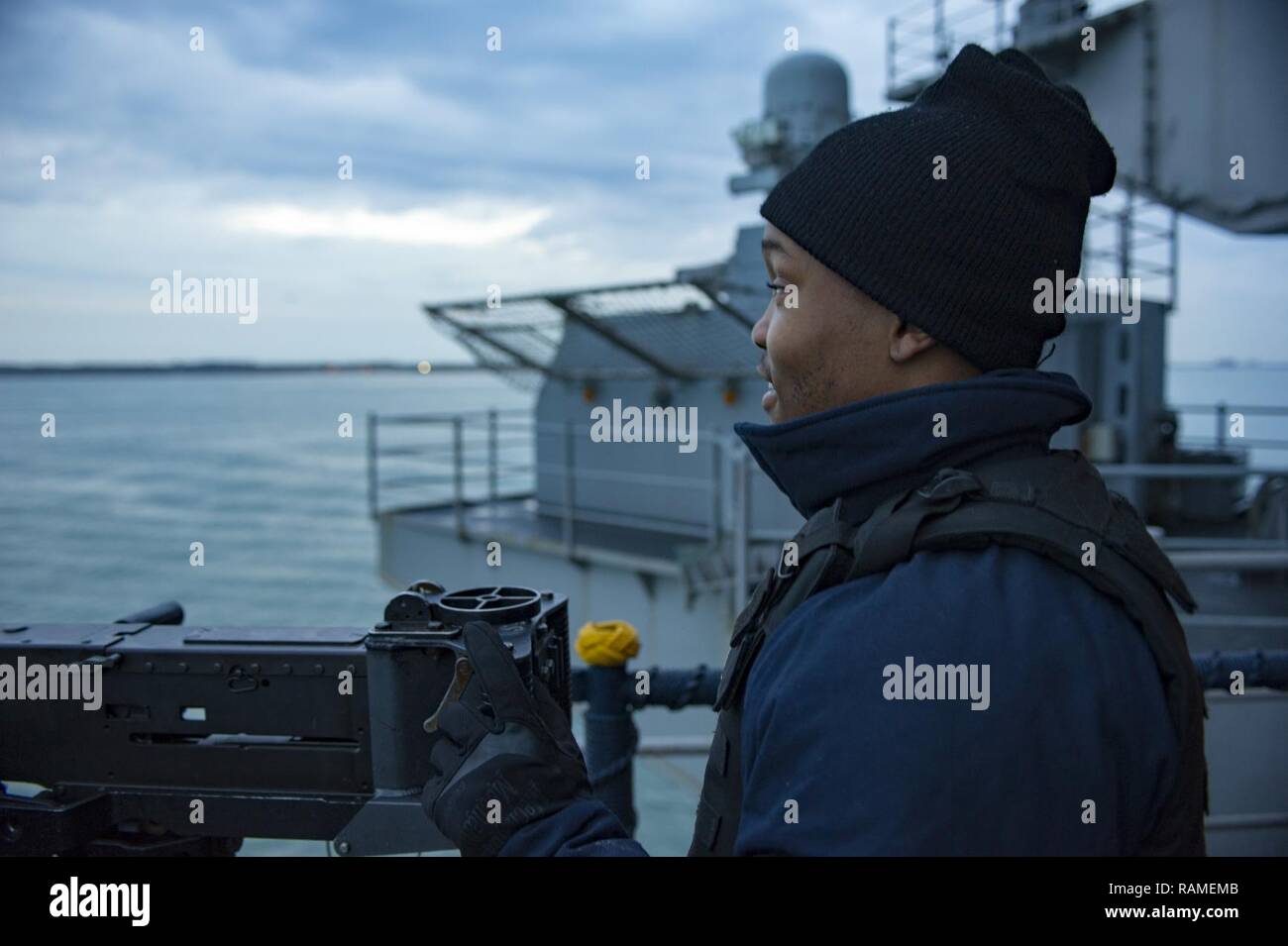 NORFOLK, Va. (Feb. 15, 2017) Gunners Mate 3rd Class Shomari James, from ...
