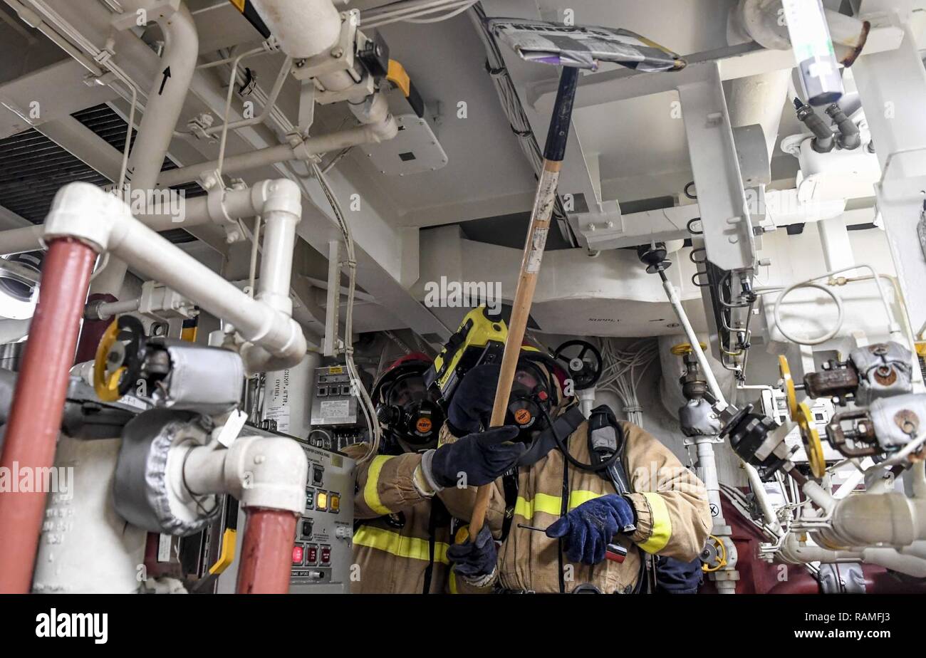 PACIFIC OCEAN (Feb. 14, 2017) Sailors search main engine room one for ...