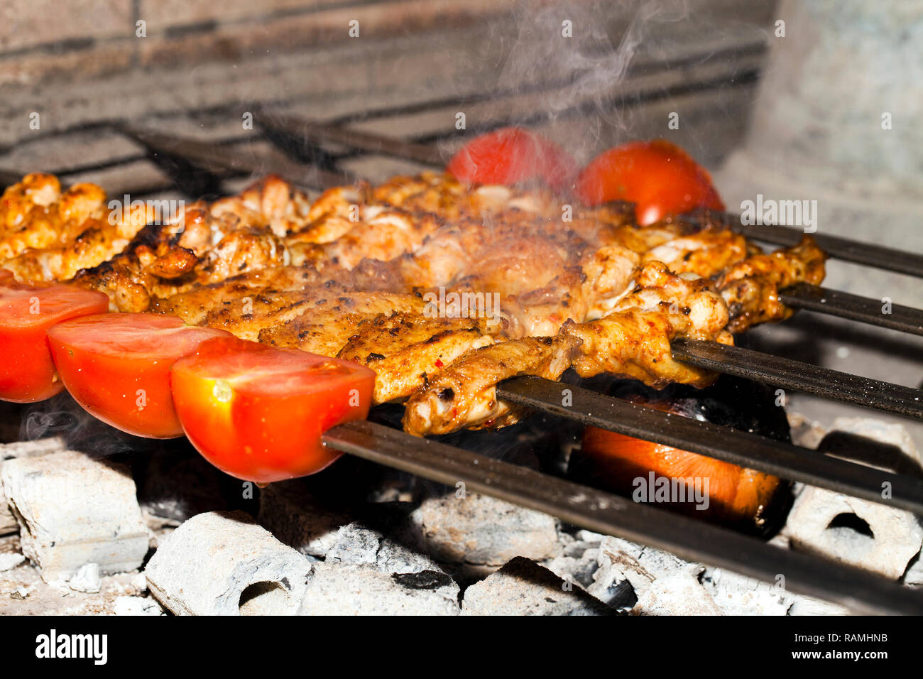 Chicken Food Barbecue Grill on Fire Photo Stock Photo - Alamy