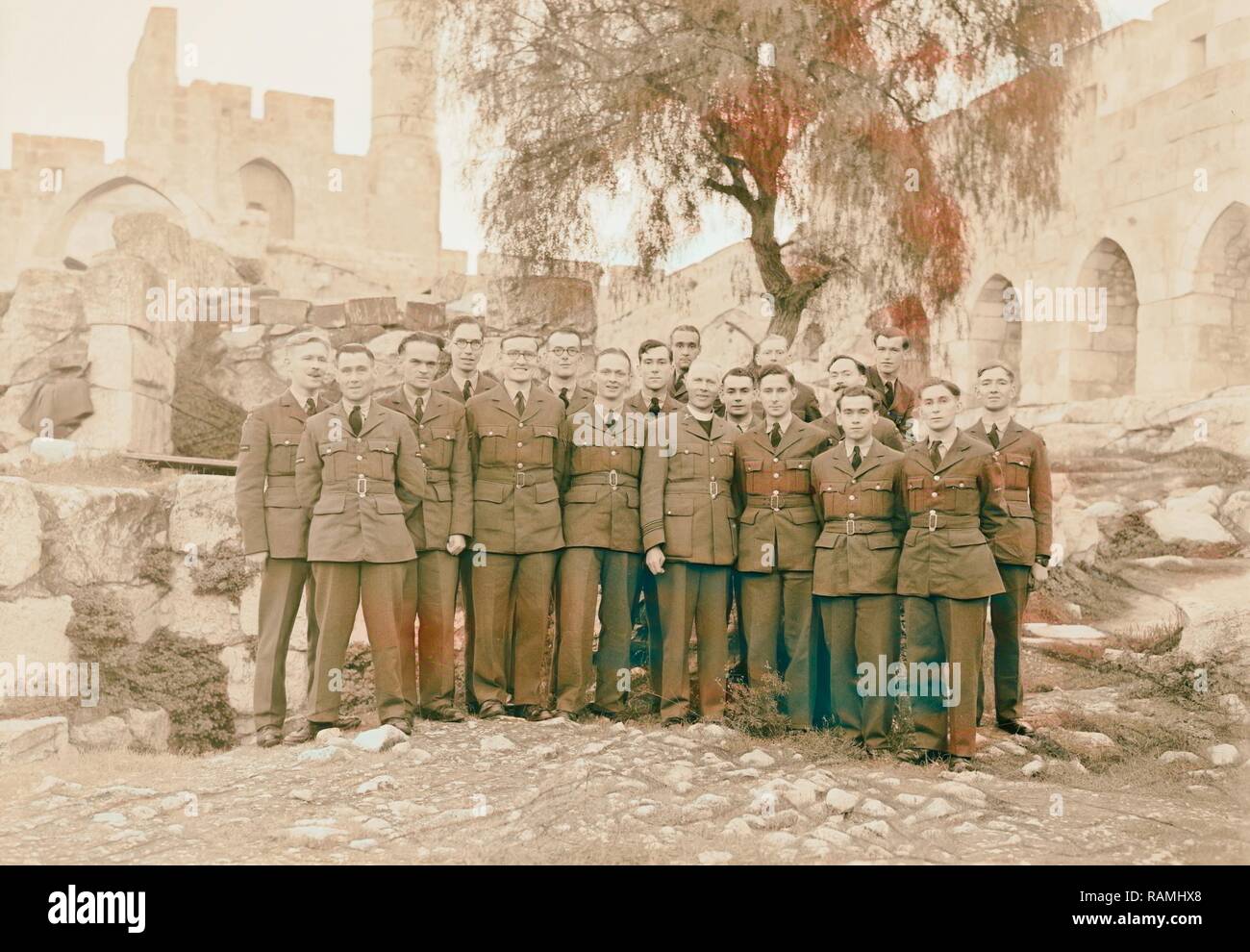 R.A.F., Royal Air Force group taken at tower of David for Padre Smith ...