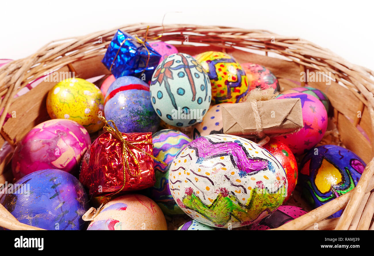 Colorful Paschal Easter Eggs and Gift Box in a Wooden Basket Stock ...