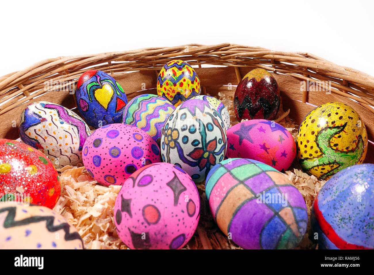 Colorful Paschal Easter Eggs in a Wooden Basket Celebration Traditional ...