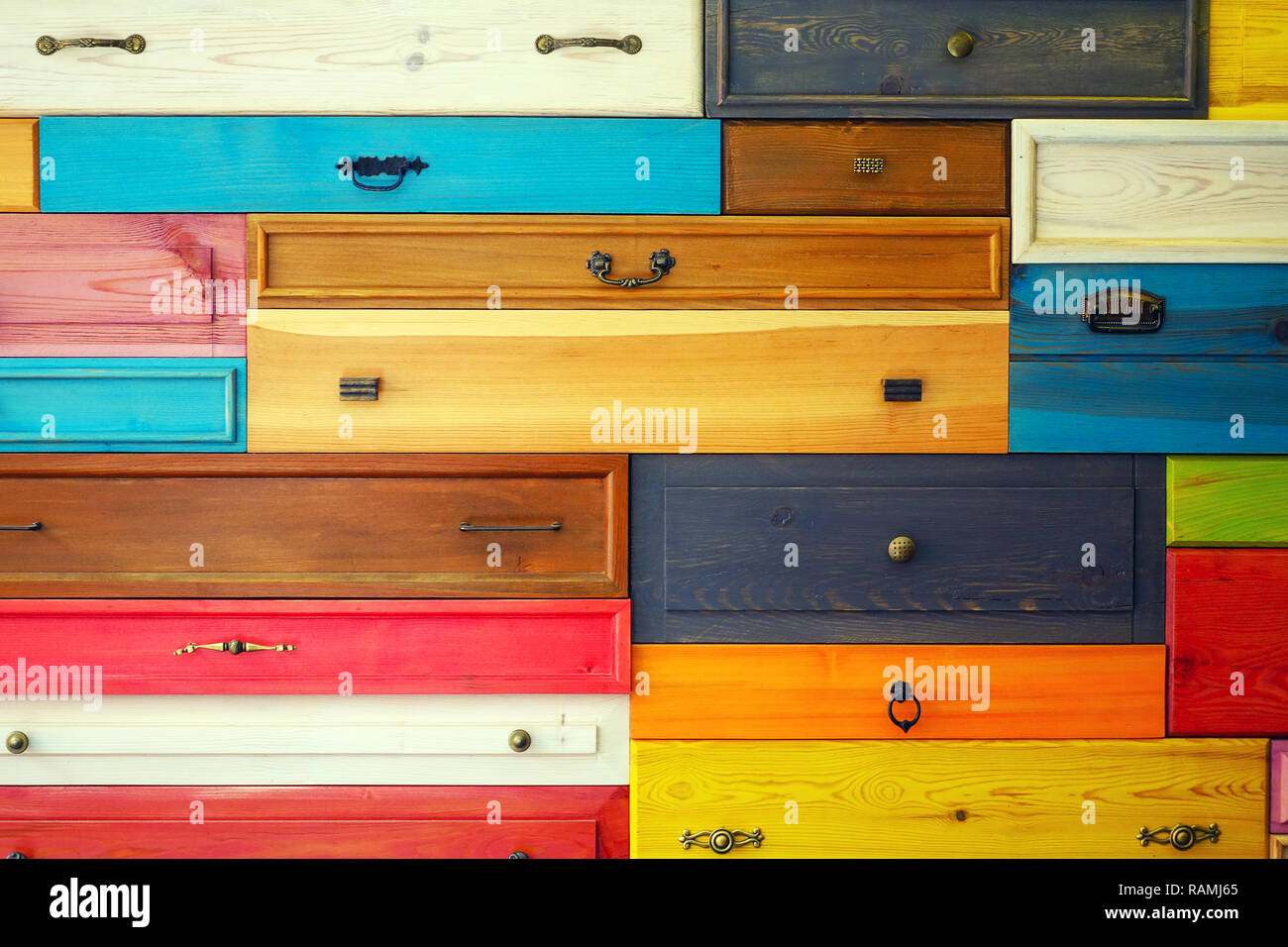 Colorful Wooden Drawer, Abstract Decorative Design on Wall Stock Photo ...