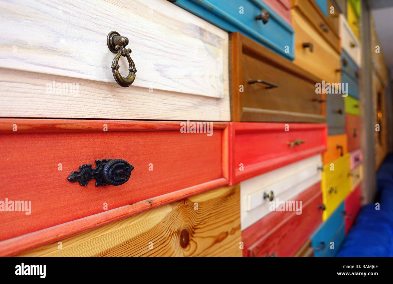 Colorful Wooden Drawer, Abstract Decorative Design on Wall Stock Photo ...