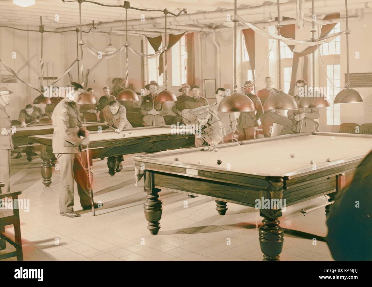 Billiards tables, soldiers playing at the Australian army Y.M.C.A. 1940 ...