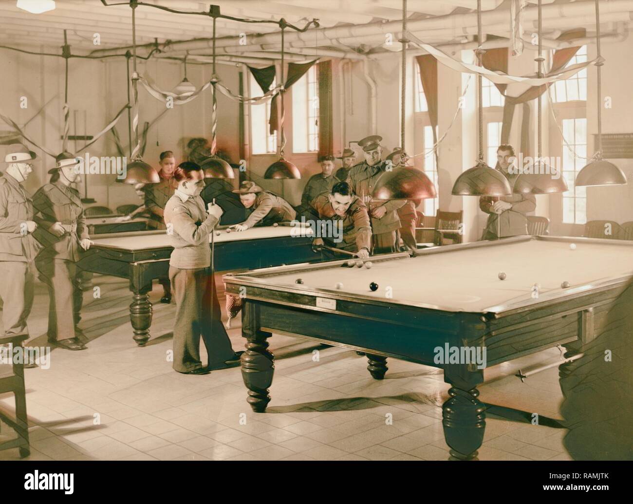 Billiards tables, soldiers playing at the Australian army Y.M.C.A. 1940 ...