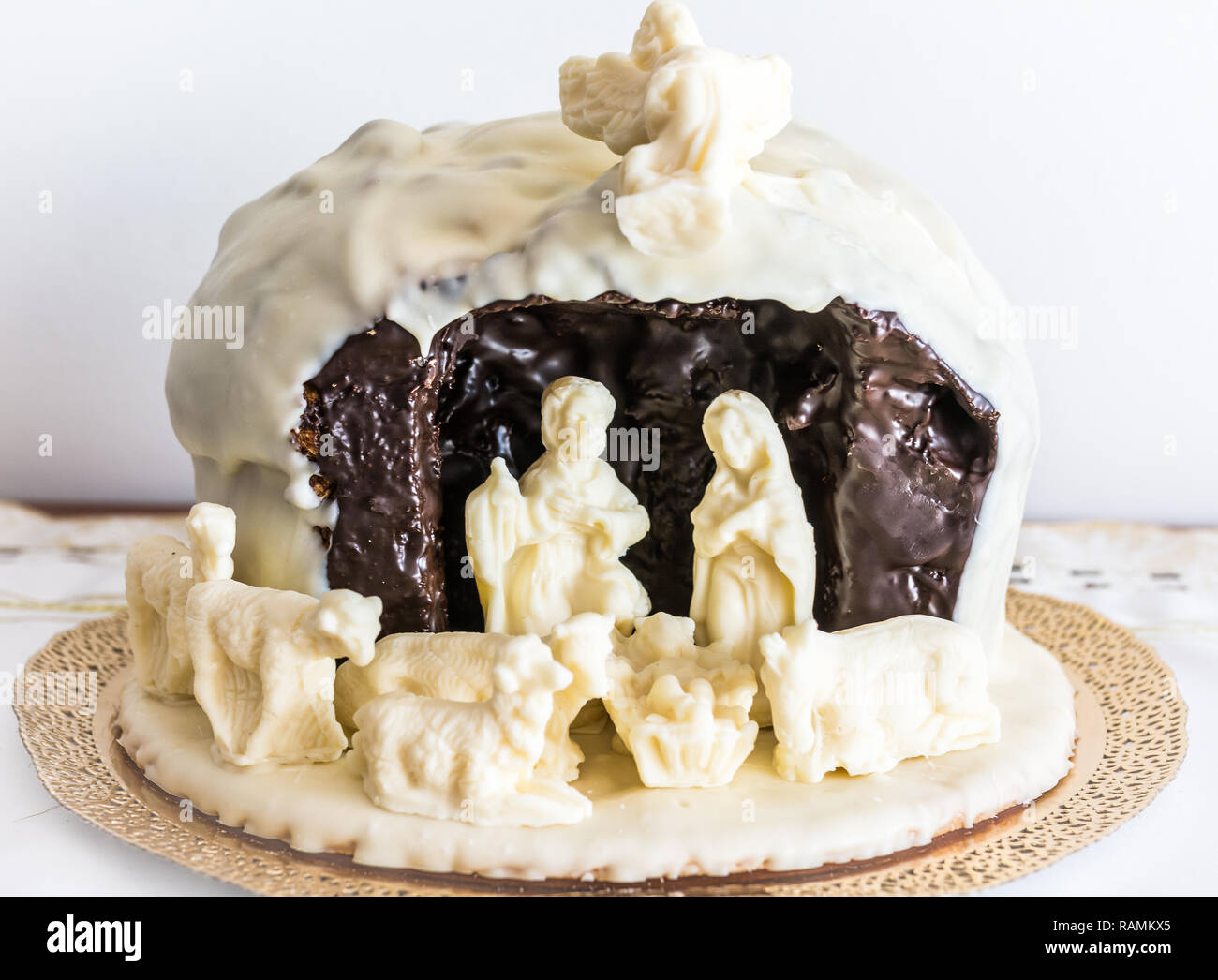 chocolate nativity scene. Traditional panettone with the white ...