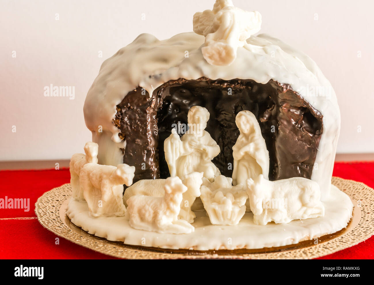 chocolate nativity scene. Traditional panettone with the white ...