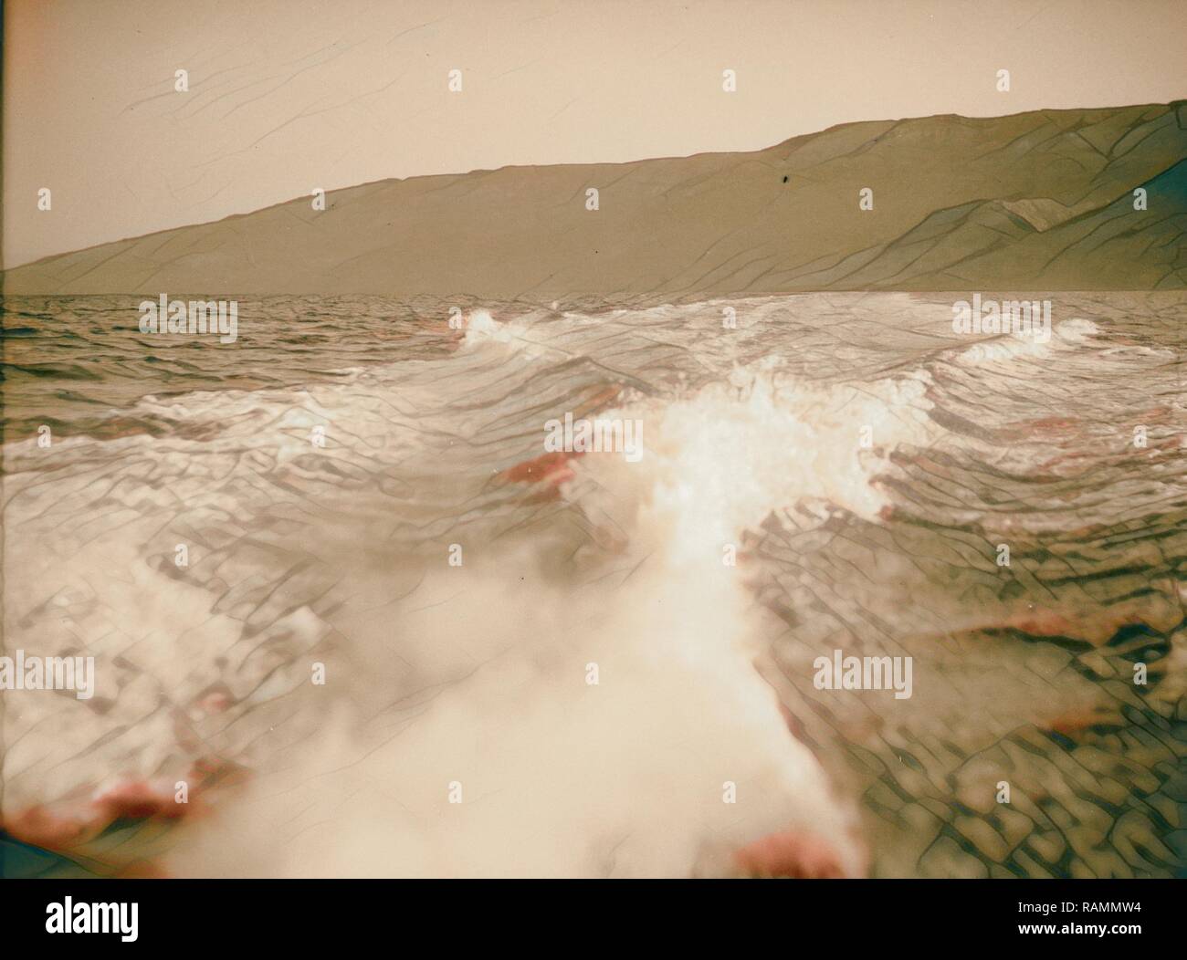 Motor boat trip around the Dead Sea. The Dead Sea, foamy track of speed ...