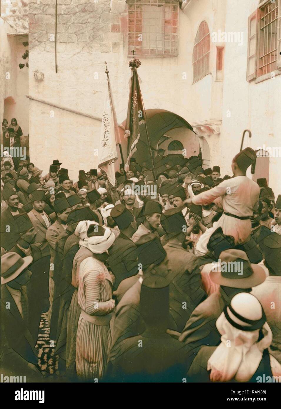 Holy Fire crowds. Lyd banners on way to Church of the Holy Sepulchre ...