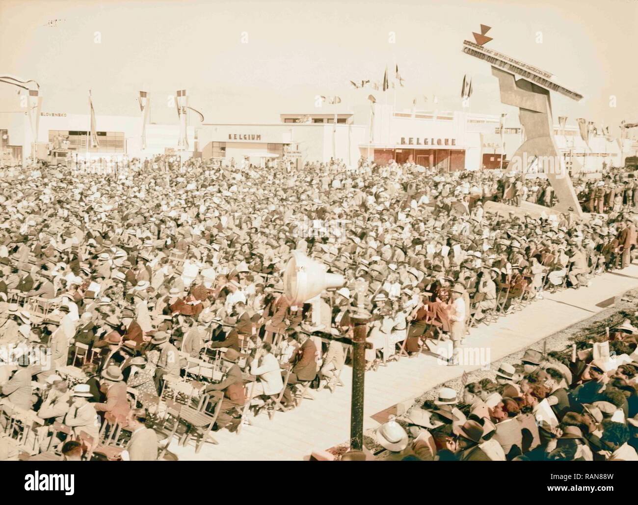 Opening of Levant Fair. April 30, 1936. Crowds seated for opening ceremony. 1936, Israel, Tel ...