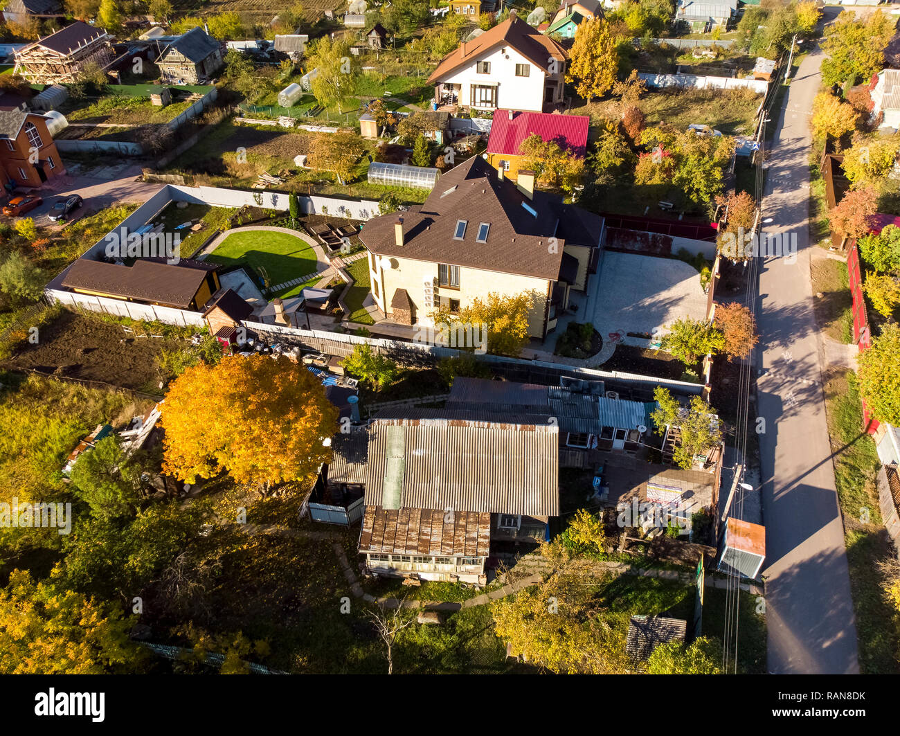Aerial view of the Russian village in the suburbs in the fall Stock ...