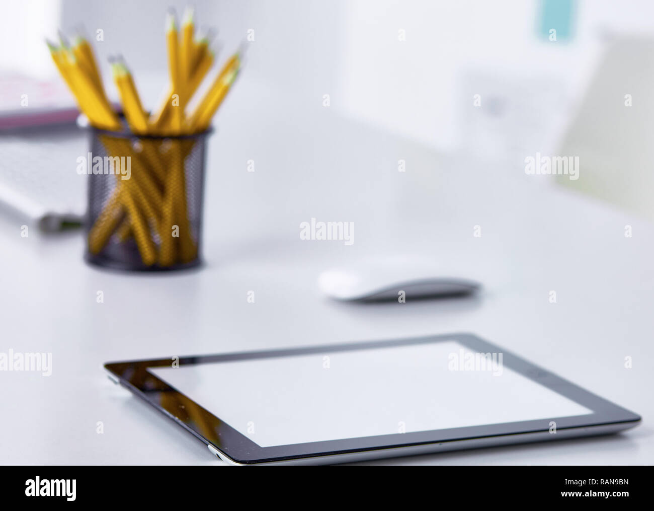 Workspace desktop, documents on the office table Stock Photo - Alamy