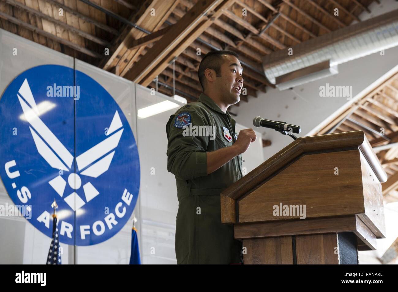 Lt. Col. Geoff Fukumoto, the 6th Attack Squadron commander, speaks ...