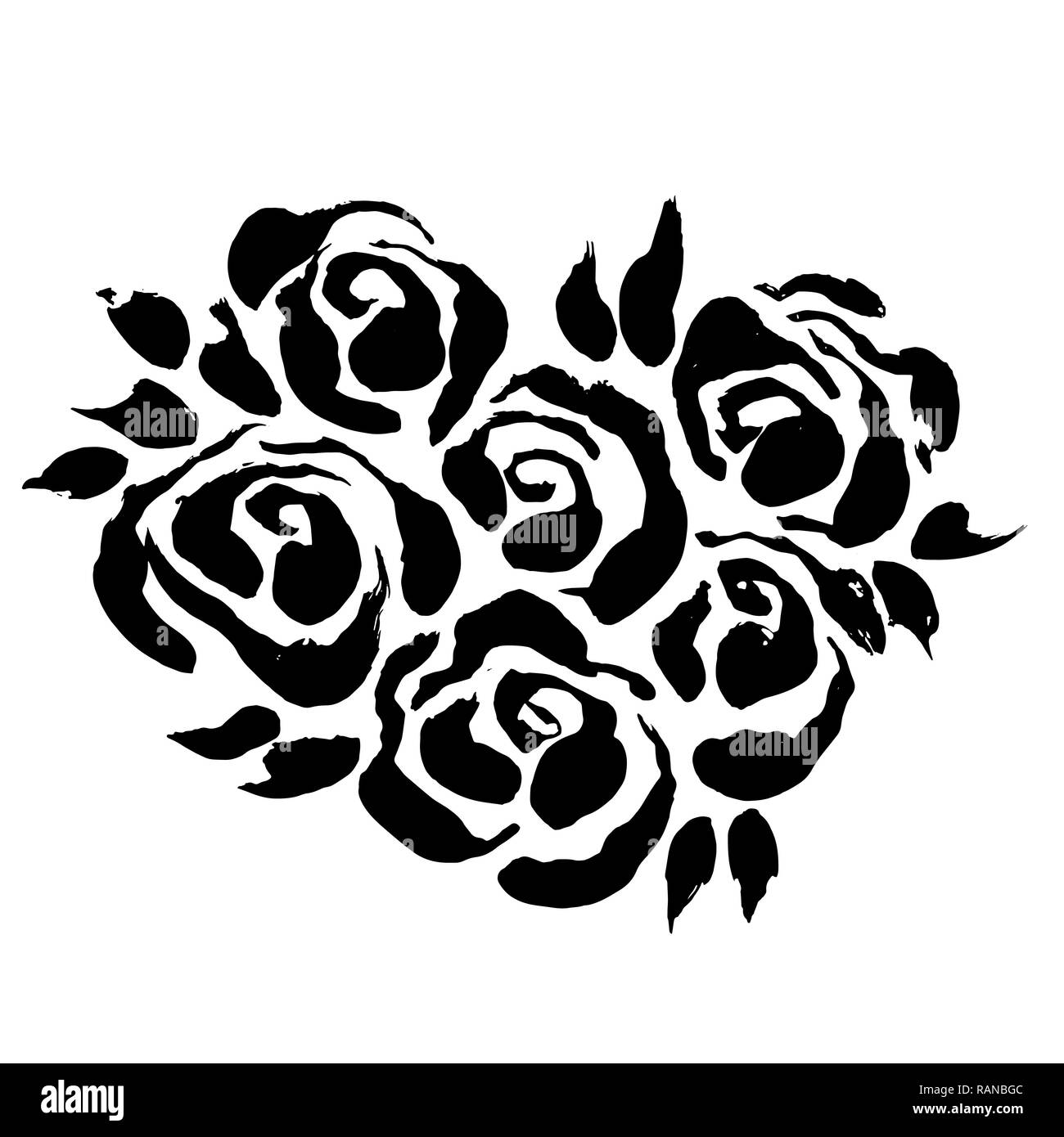 Abstract grunge ink flower background. Roses black brush pattern ...