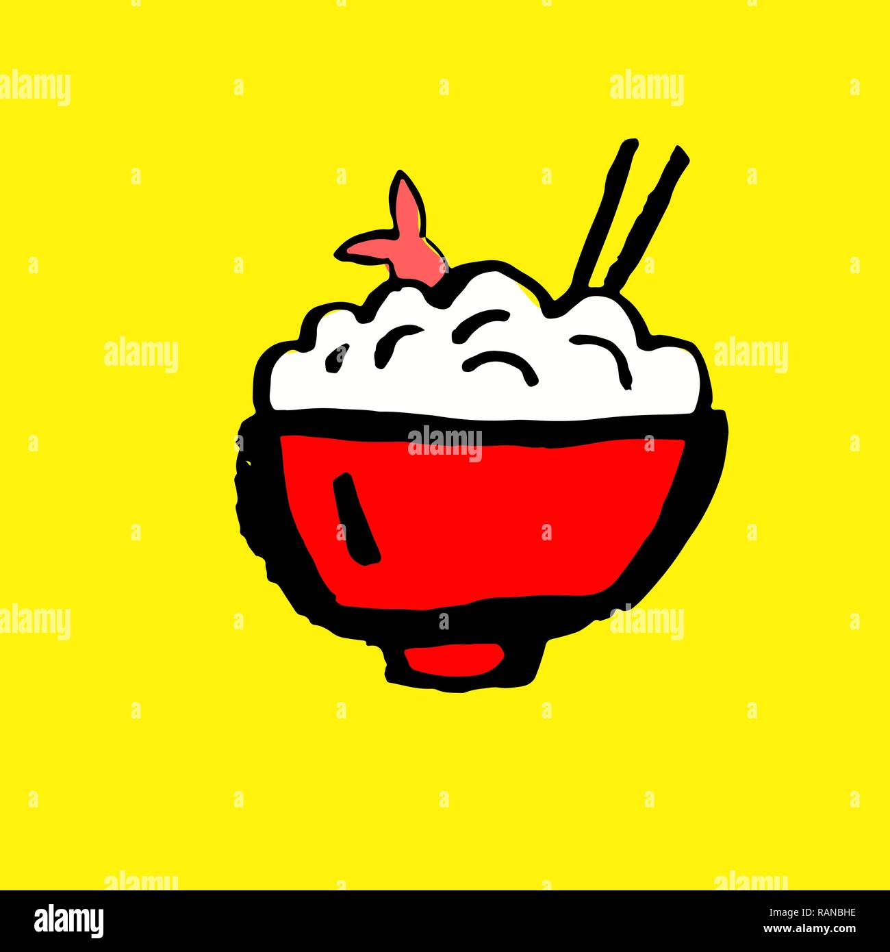Rice with fish icon. Grunge ink brush vector illustration. Food flat ...
