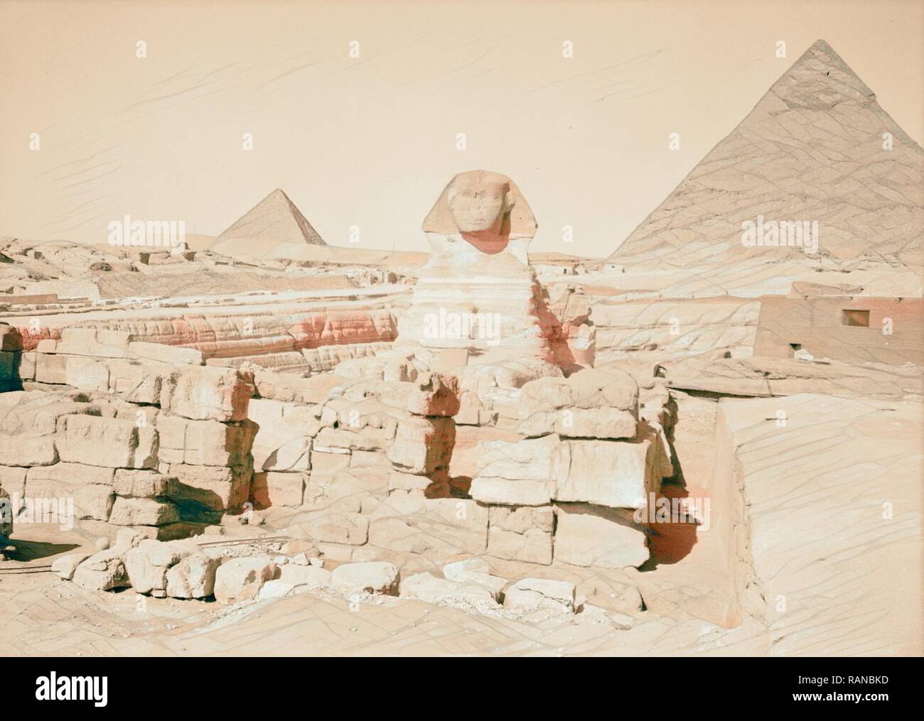Egypt. Sphinx & pyramids. Sphinx (front view with temple in foreground ...