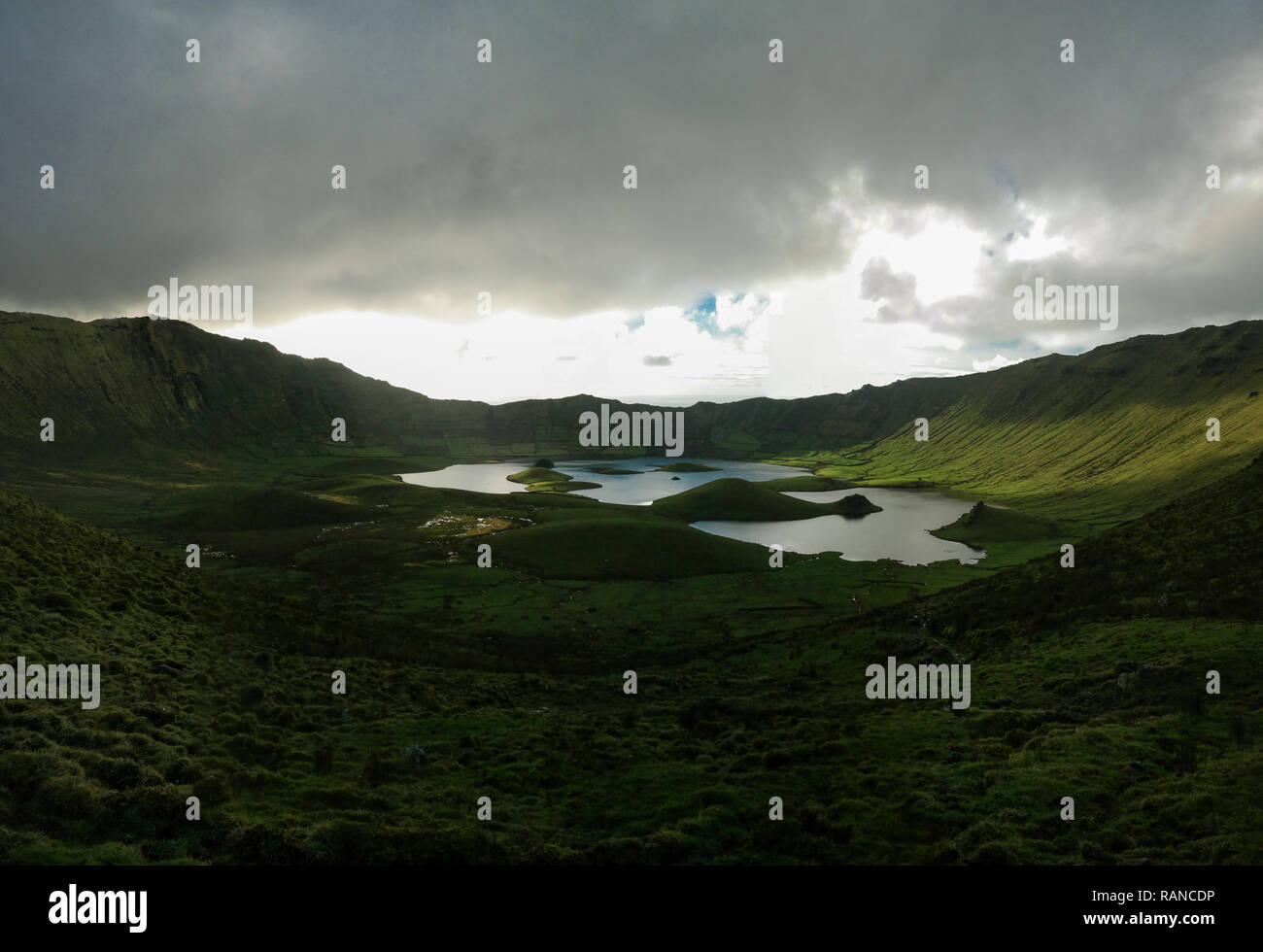 Landscape sunset view to Caldeirao crater at Corvo island, Azores ...