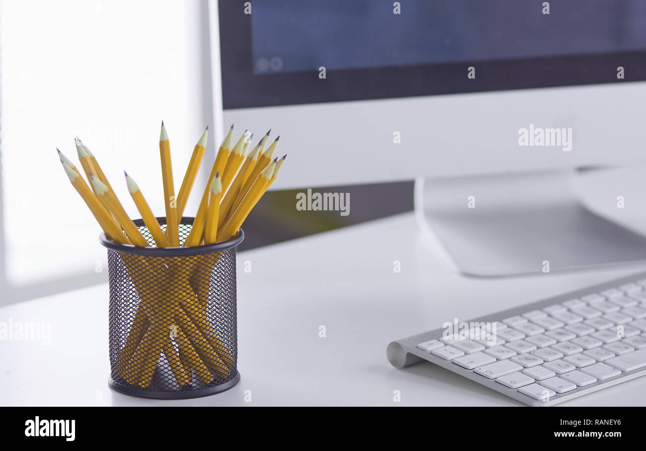 Graphite pencils in a metal grid-container. Concept Stock Photo - Alamy