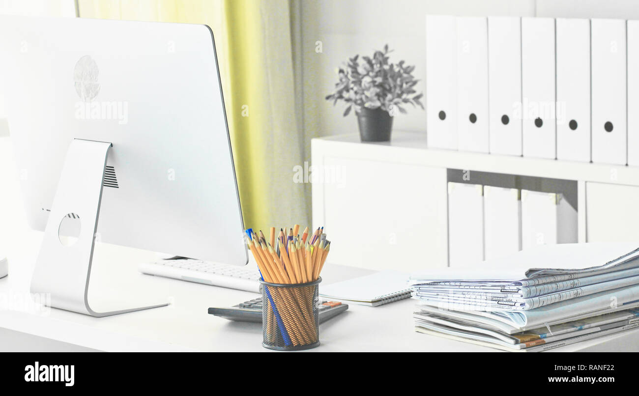 Workspace desktop, documents on the office table Stock Photo - Alamy
