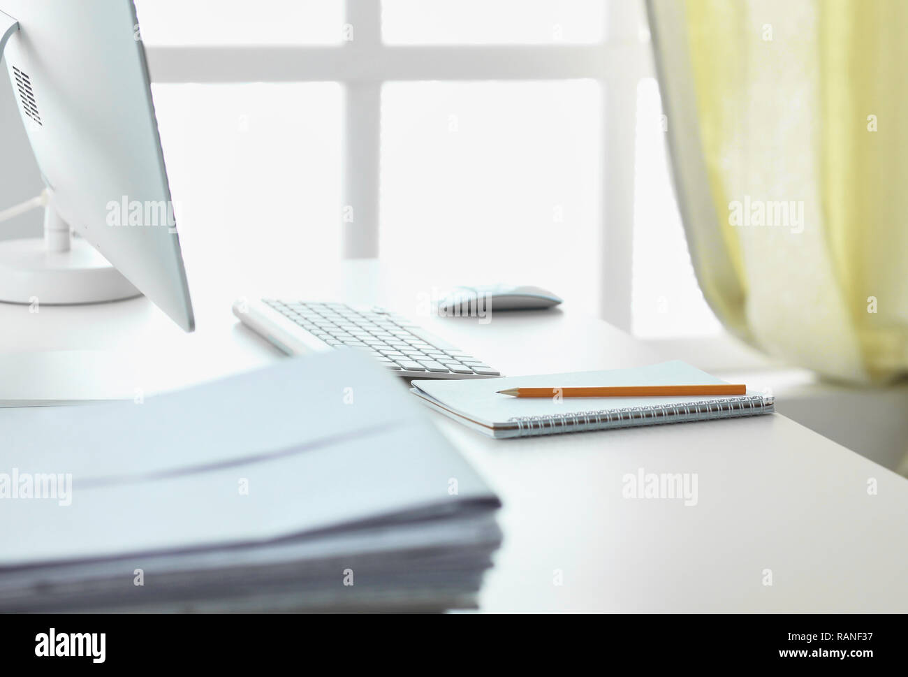 Workspace desktop, documents on the office table Stock Photo - Alamy