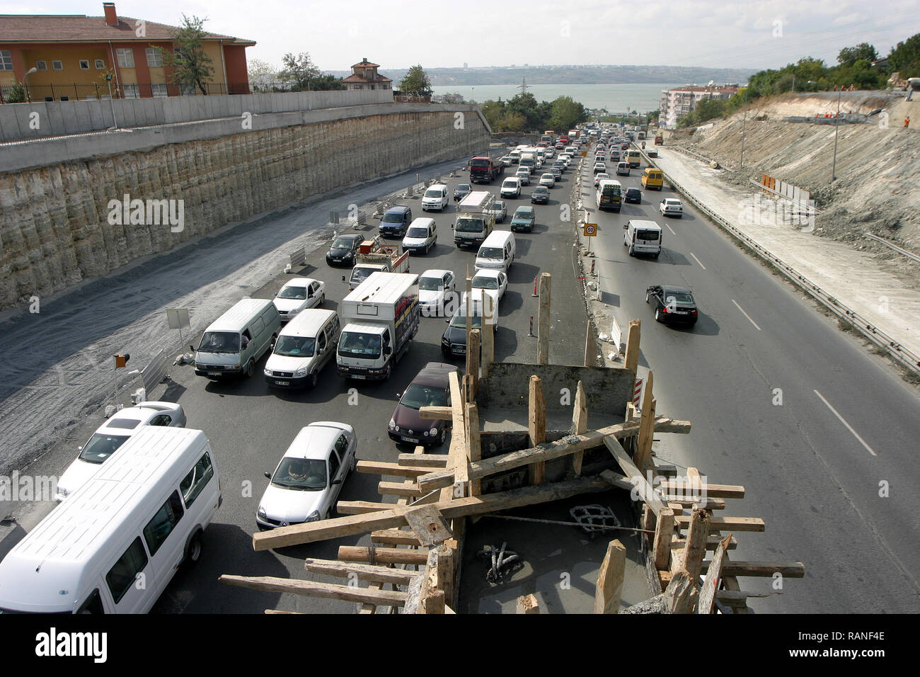 Traffic jam and road construction at E-5 Highway at Istanbul European ...