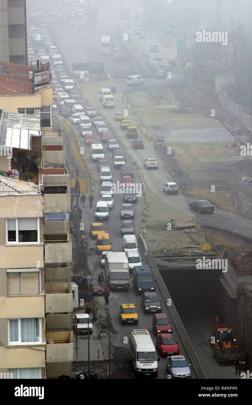 Traffic jam and road construction in Besiktas District at foggy day in ...