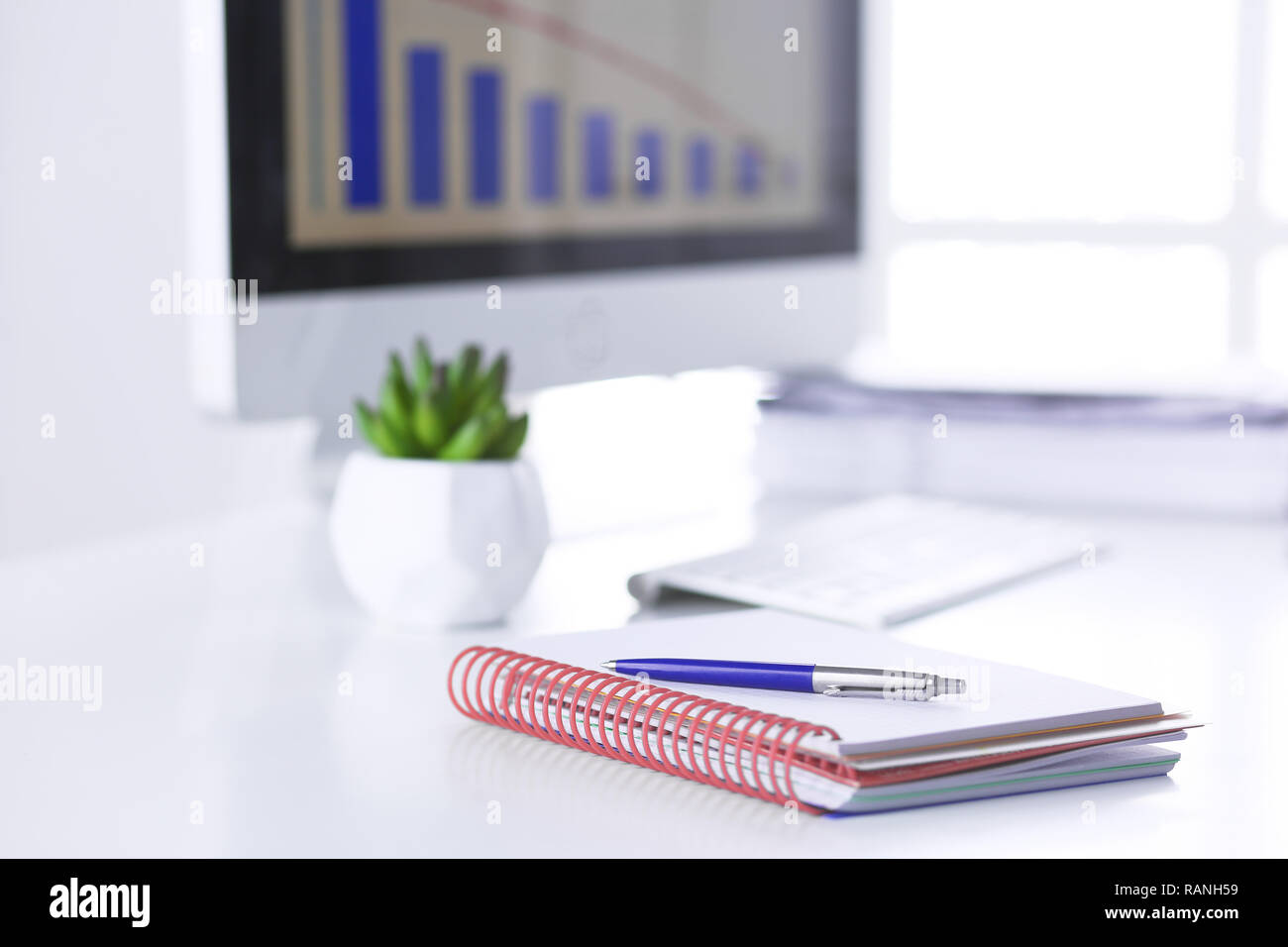 Workspace desktop, documents on the office table Stock Photo - Alamy