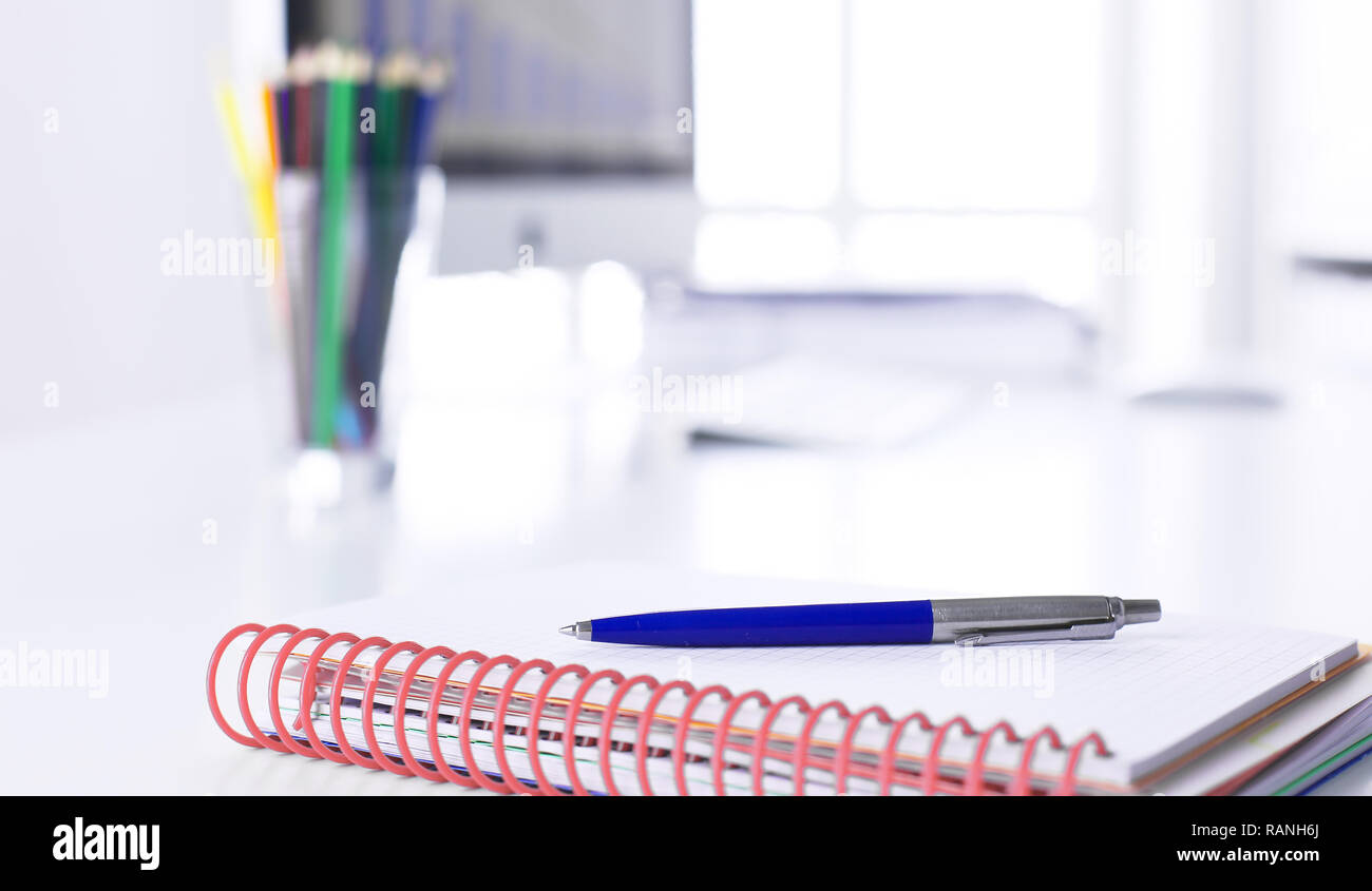 Workspace desktop, documents on the office table Stock Photo - Alamy