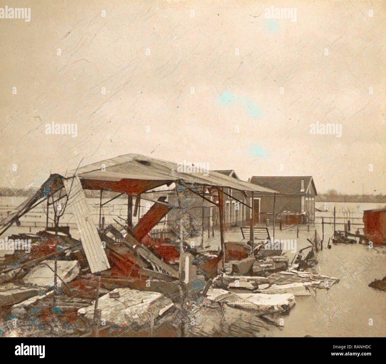 Destroyed barn on flooded land in the suburbs of Paris, 1910, France ...