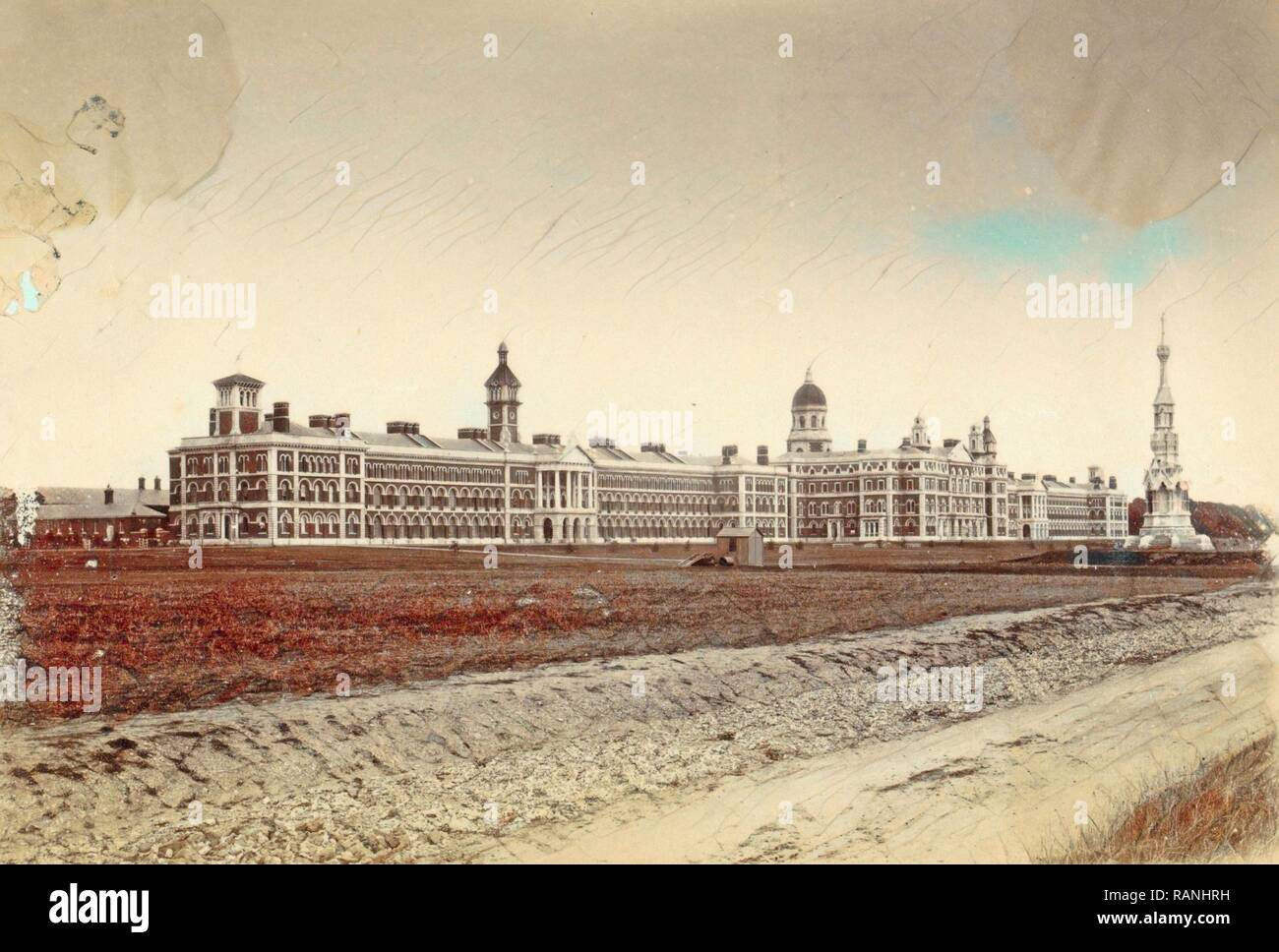 facade and towers of Netley Hospital with right the memorial for the ...