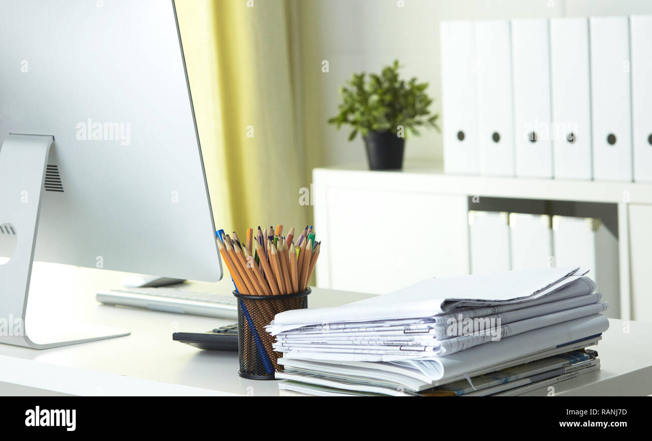 Workspace desktop, documents on the office table Stock Photo - Alamy