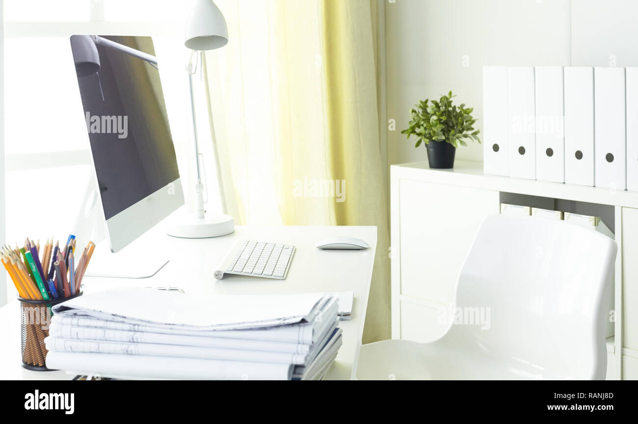 Workspace desktop, documents on the office table Stock Photo - Alamy