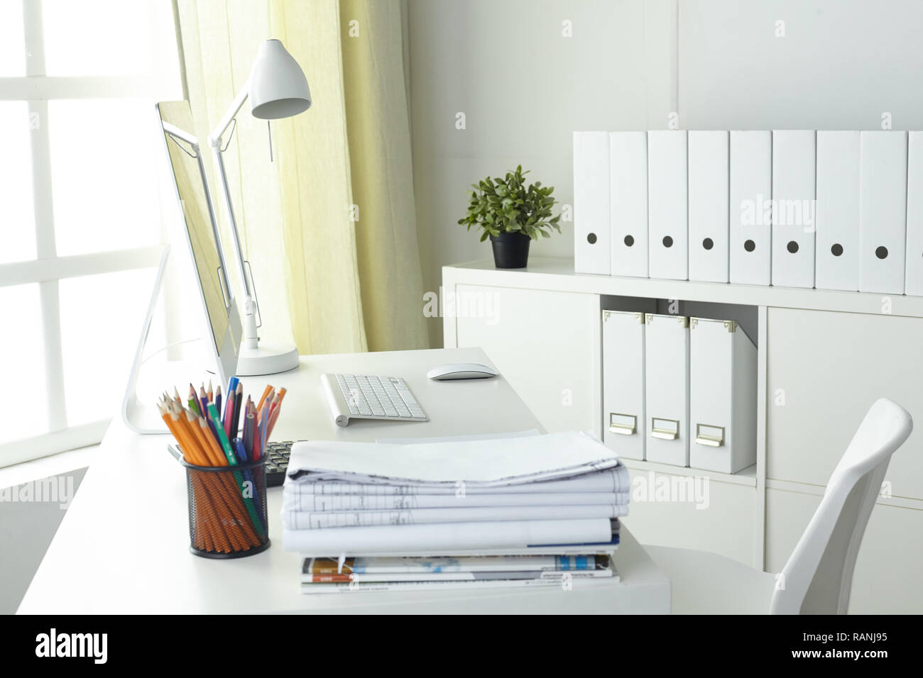 Workspace desktop, documents on the office table Stock Photo - Alamy