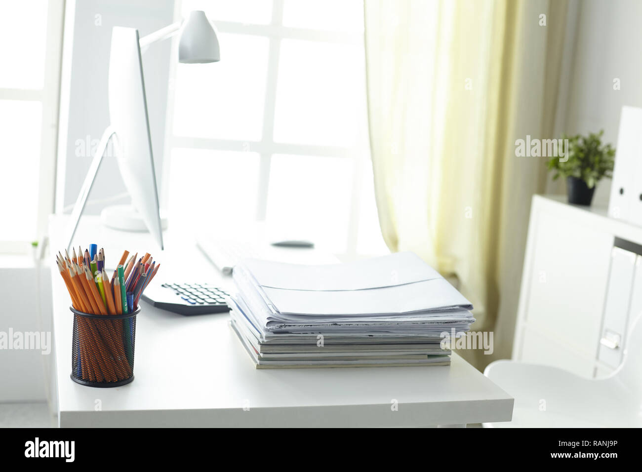 Workspace desktop, documents on the office table Stock Photo - Alamy