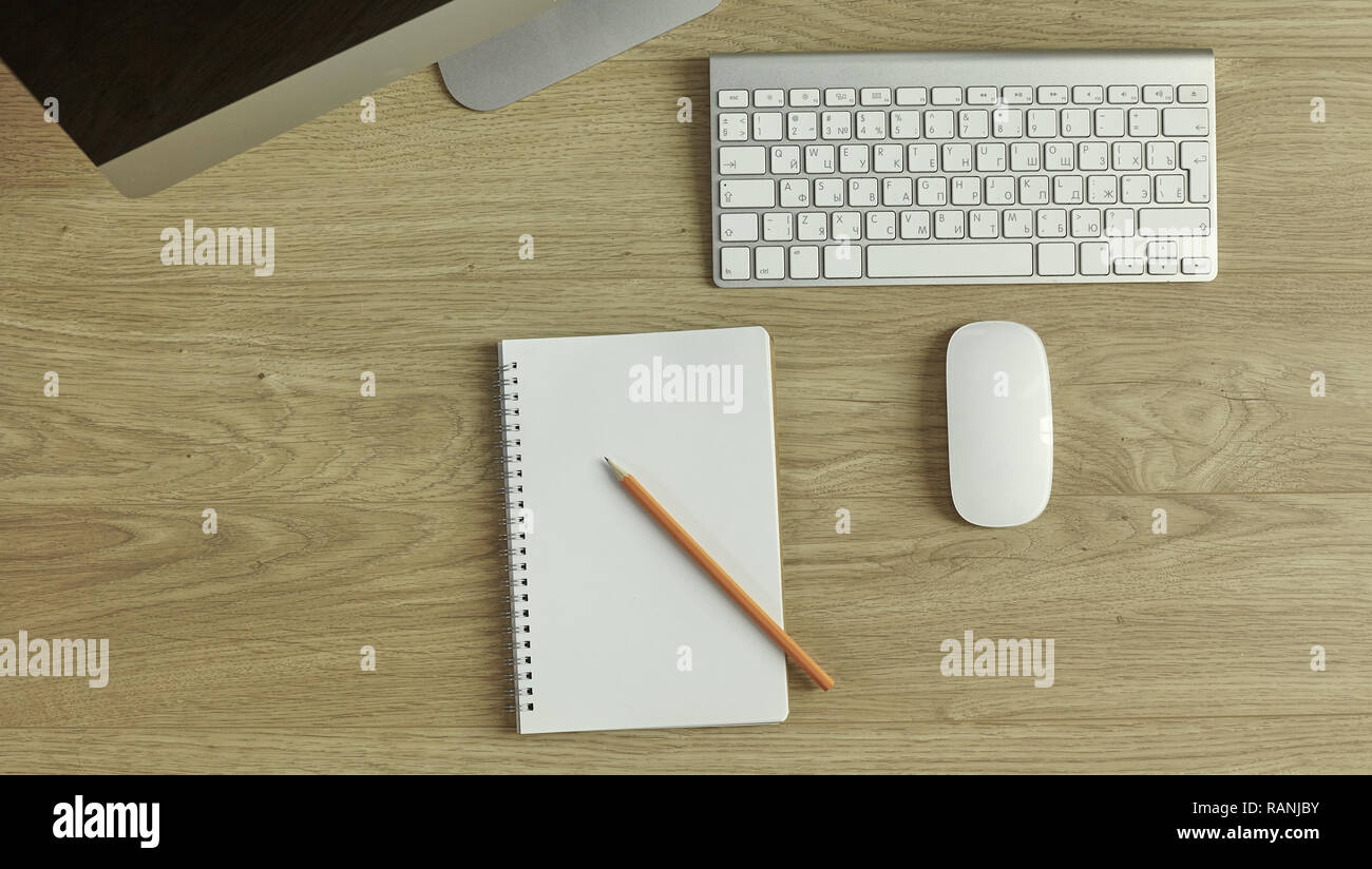 Workspace desktop, documents on the office table Stock Photo - Alamy