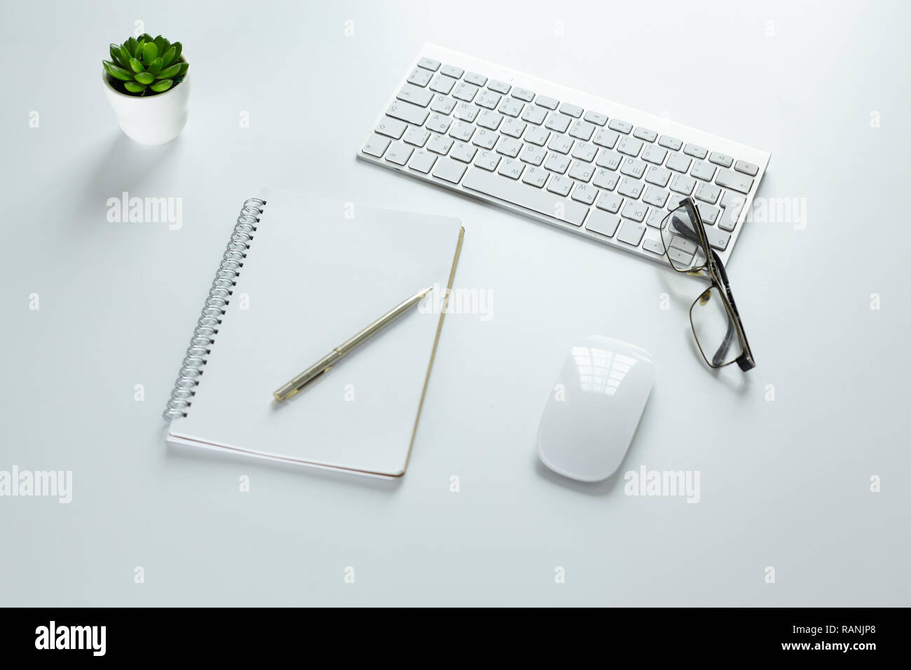 Workspace desktop, documents on the office table Stock Photo - Alamy