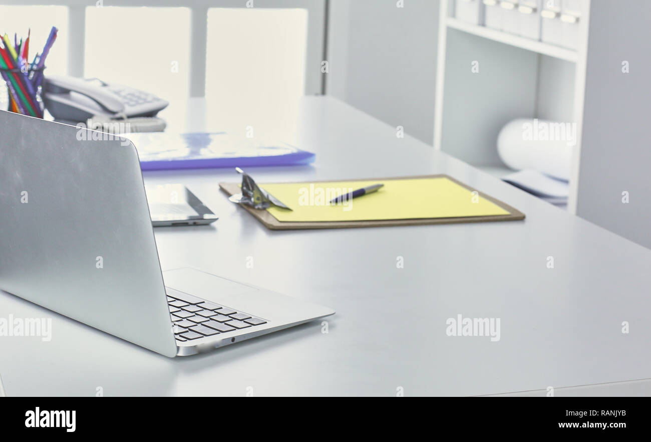 Workspace desktop, documents on the office table Stock Photo - Alamy