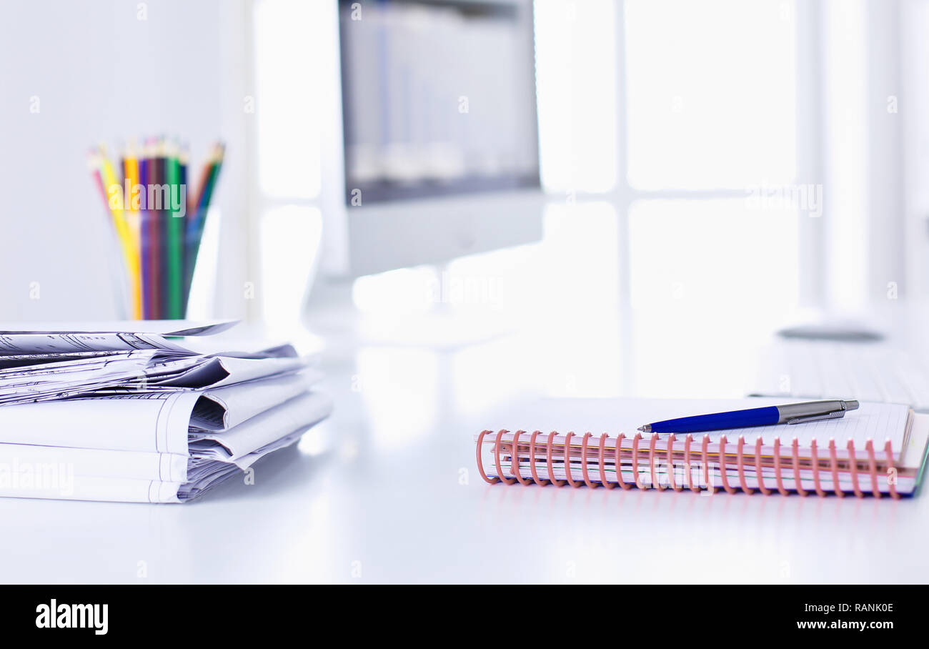 Workspace desktop, documents on the office table Stock Photo - Alamy