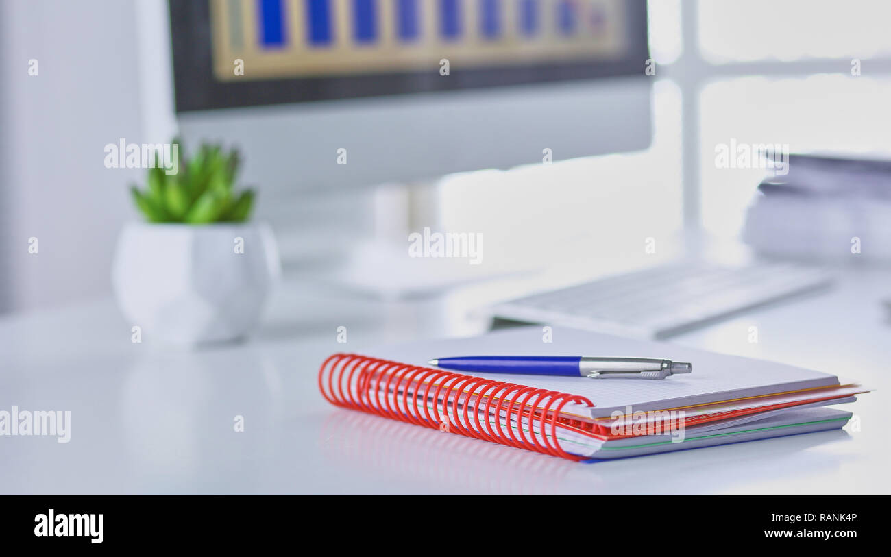 Workspace desktop, documents on the office table Stock Photo - Alamy