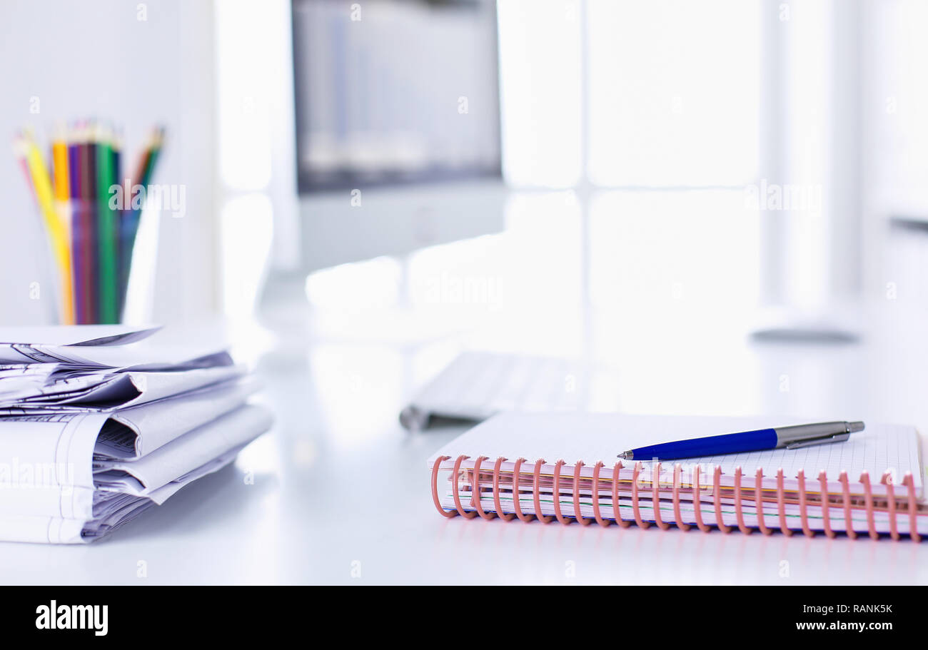 Workspace desktop, documents on the office table Stock Photo - Alamy