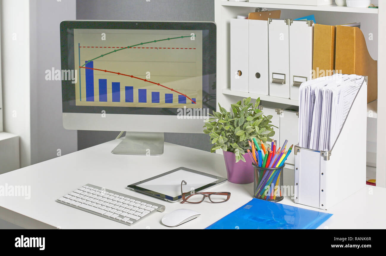 Workspace desktop, documents on the office table Stock Photo - Alamy