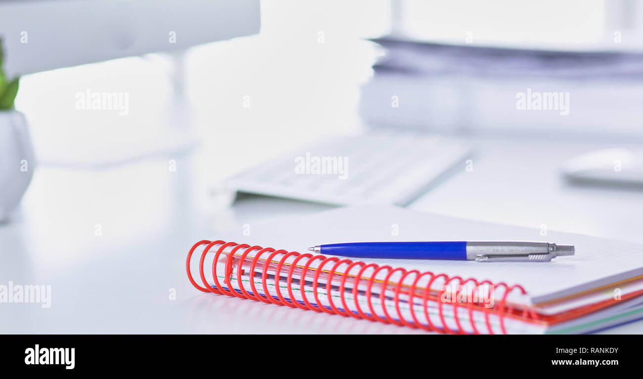 Workspace desktop, documents on the office table Stock Photo - Alamy