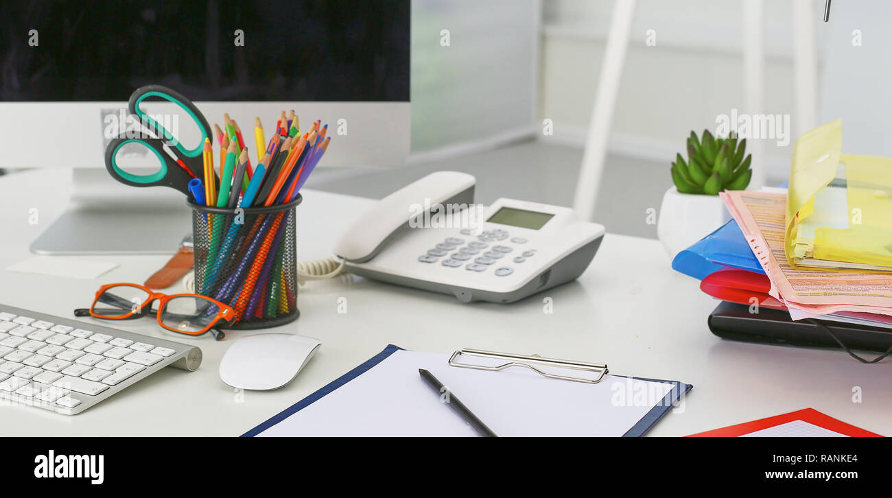 Workspace desktop, documents on the office table Stock Photo - Alamy