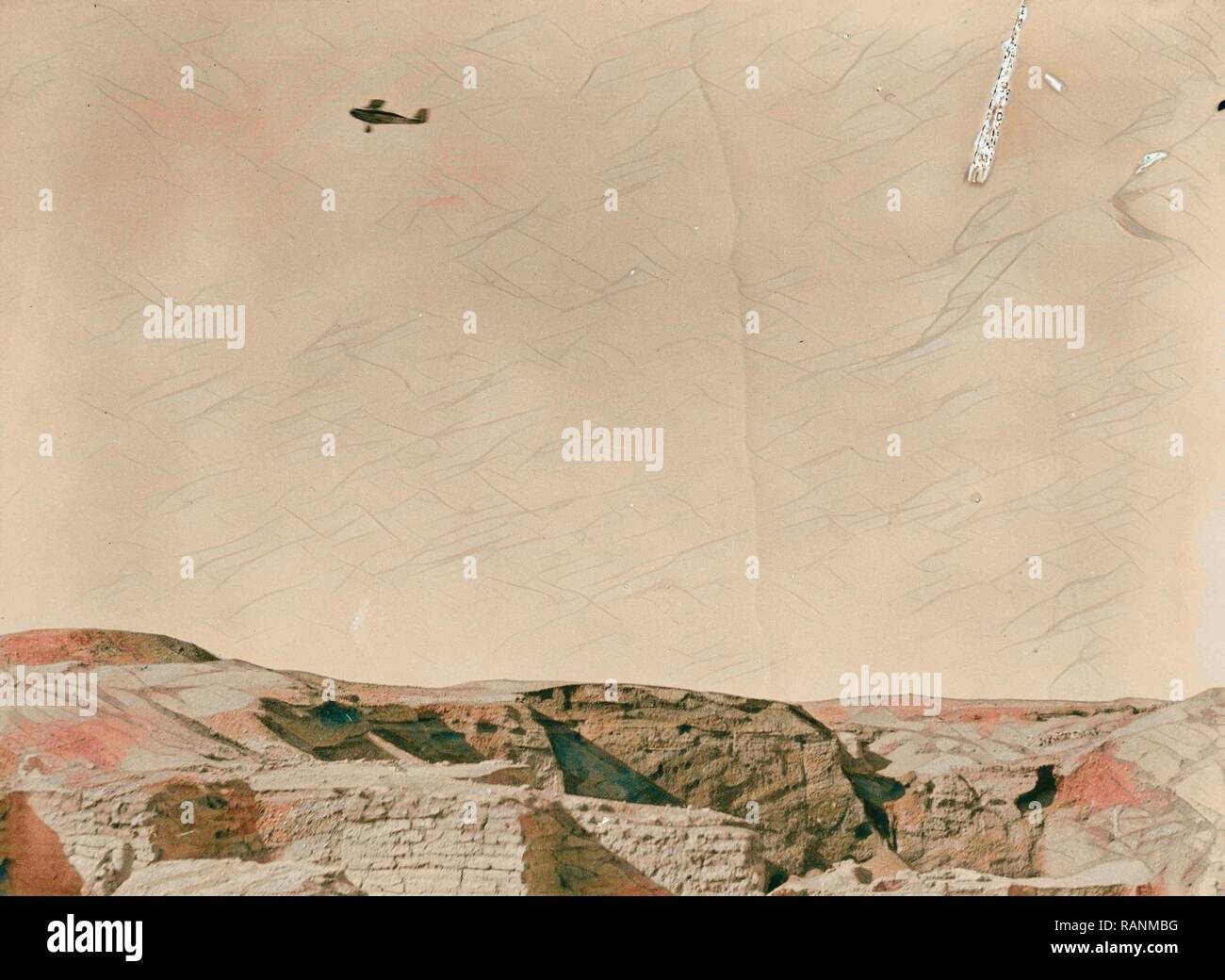 Ur. (So called of the Chaldees). Airplane flying over the ruins. Abram ...