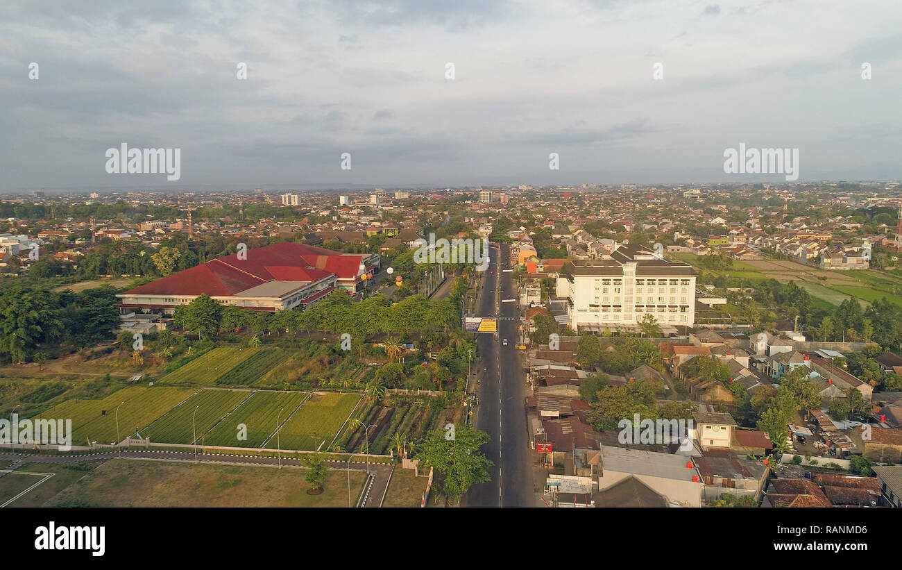 aerial view Yogyakarta with buildings and houses at sunset. urban ...