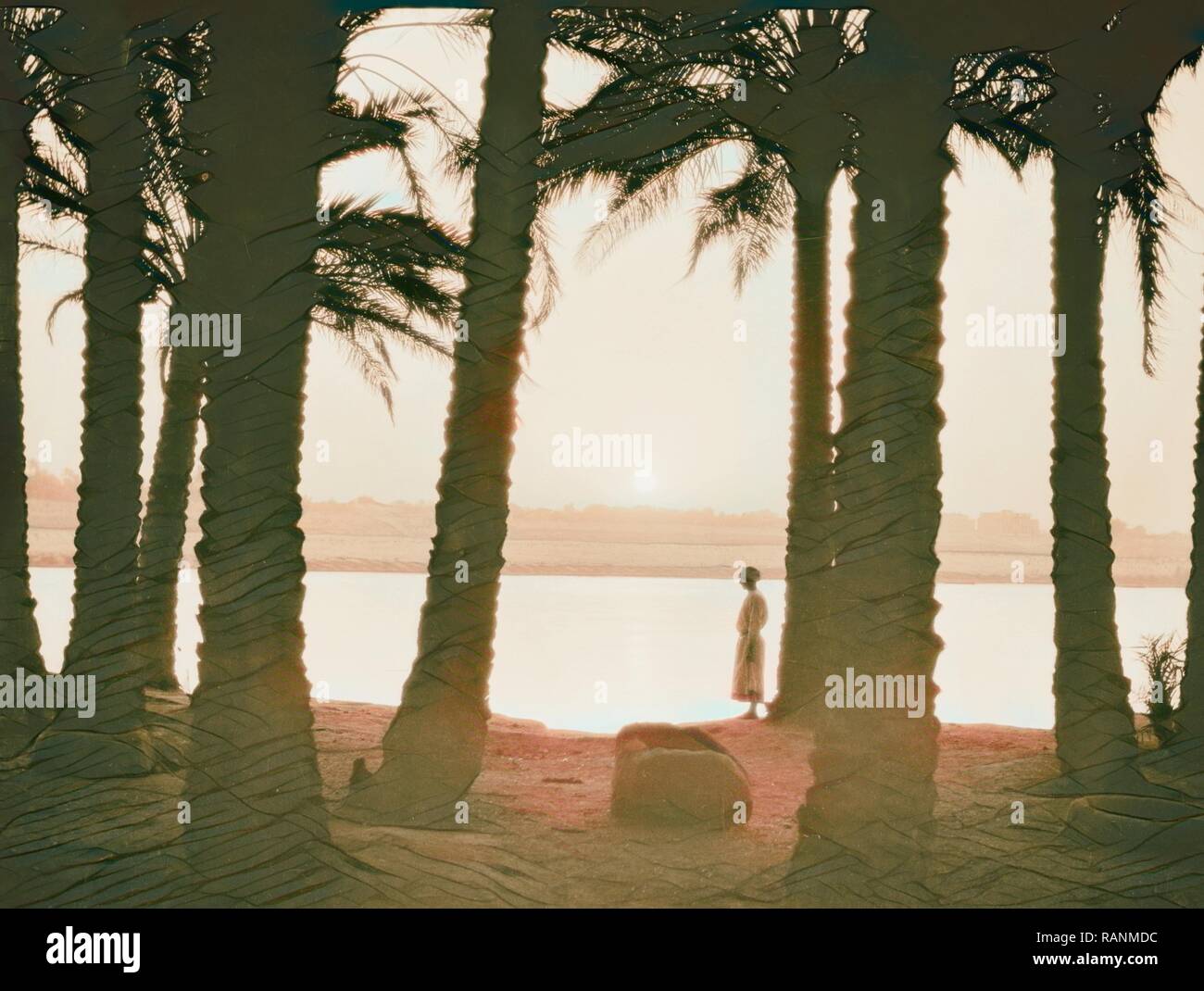 River scenes on the Euphrates taken at Hilla. Sunrise through a palm ...