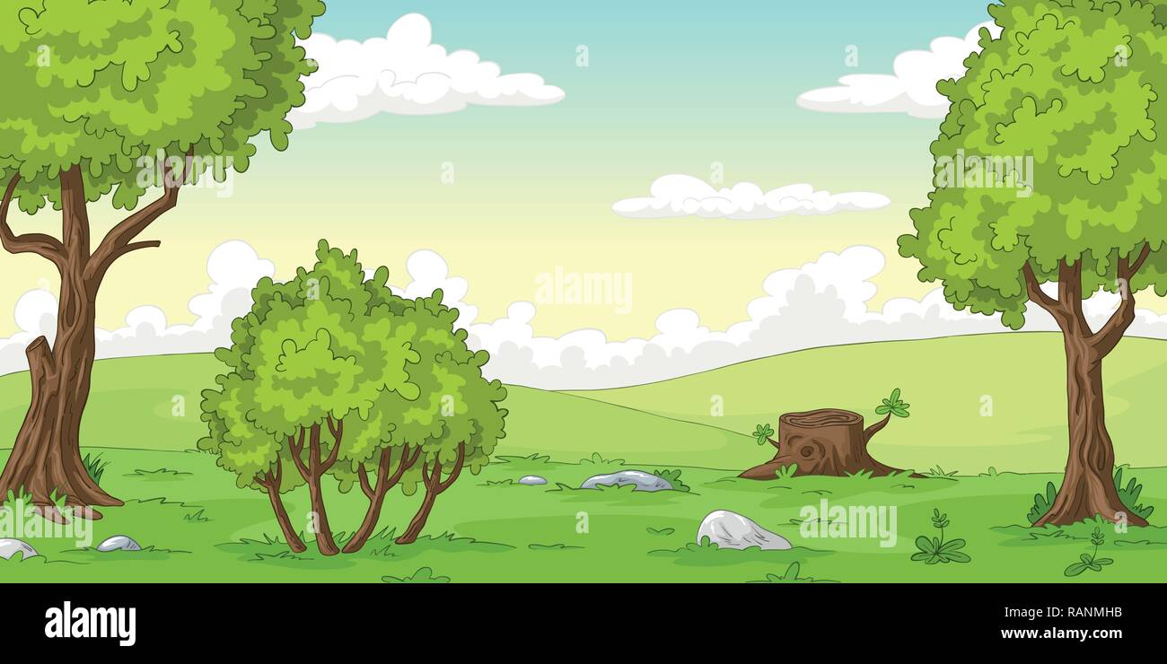 Cartoon summer landscape with trees, hand draw illustration Stock ...